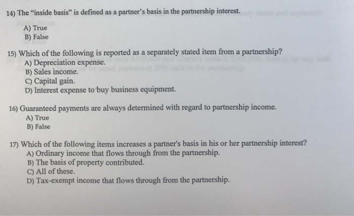 Solved The "inside basis" is defined as a partner's basis in | Chegg.com