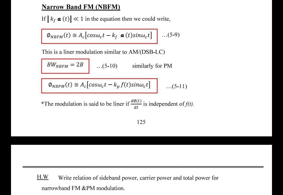 Solved Narrow Band FM (NBFM) If|ka (t)|« 1 in the equation | Chegg.com