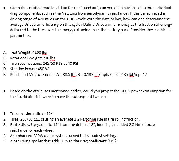 Solved - Given the certified road load data for the "Lucid | Chegg.com