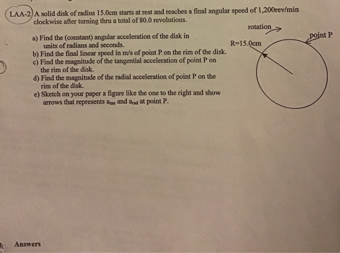 Solved LAA-2) A solid disk of radius 15.0cm starts at rest | Chegg.com