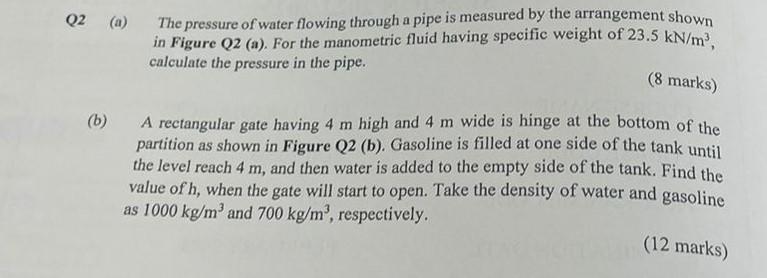 Solved 2 (a) The pressure of water flowing through a pipe is | Chegg.com