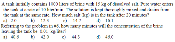 Solved 6a. A tank initially contains 1000 liters of brine | Chegg.com