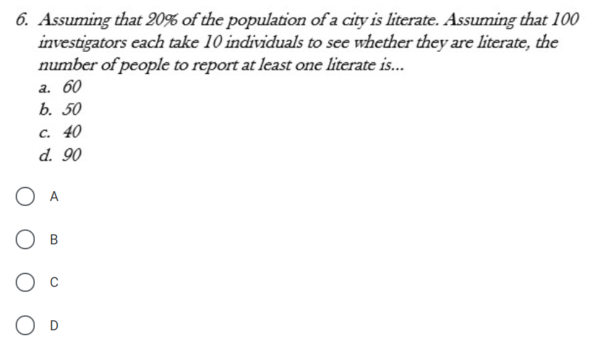 Solved 6. Assuming that 20% of the population of a city is | Chegg.com