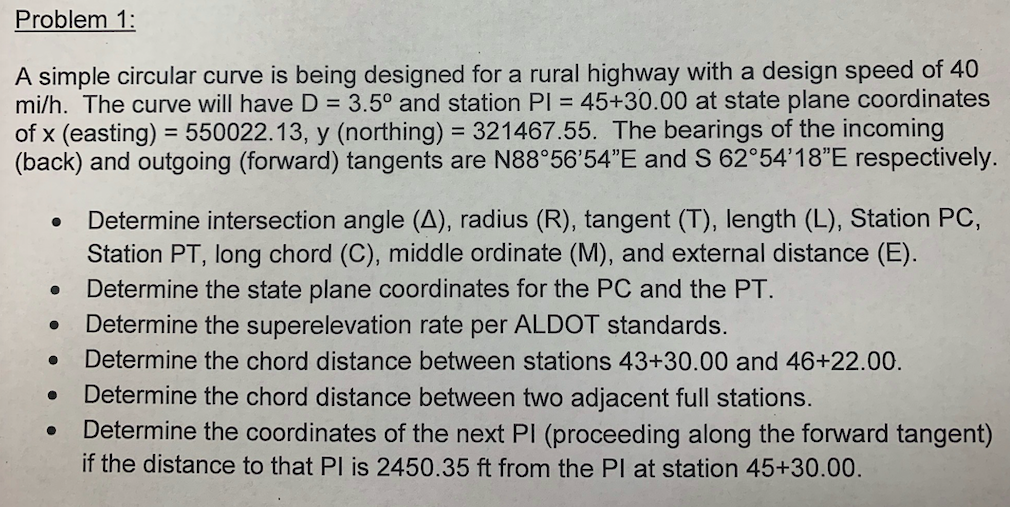 Problem 1: A simple circular curve is being designed | Chegg.com