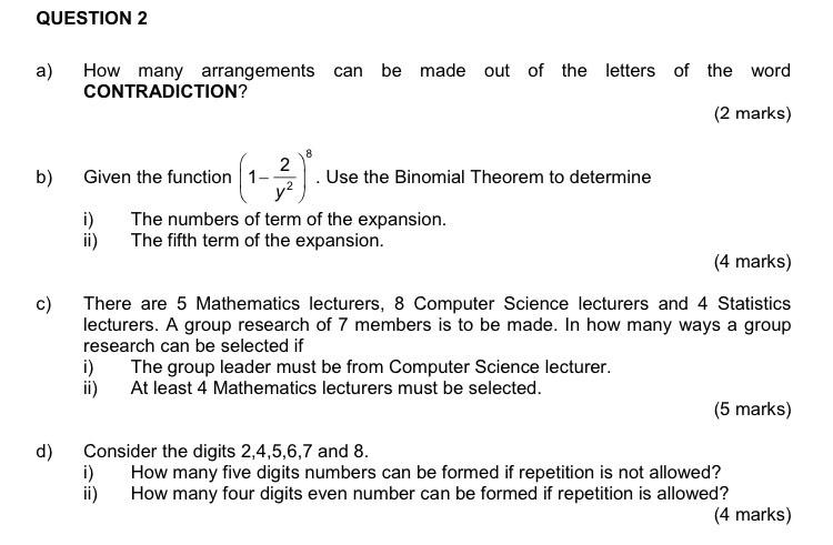 Solved QUESTION 2 a) How many arrangements can be made out | Chegg.com