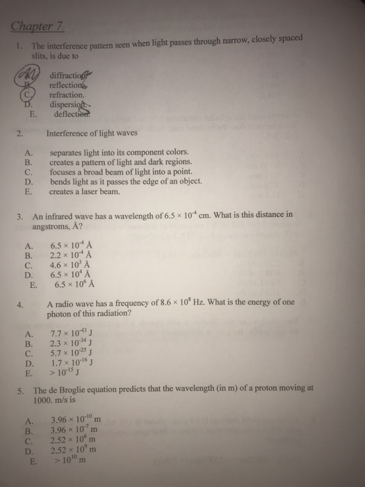 Solved Chapter 7 1. The interference pattern seen when light | Chegg.com