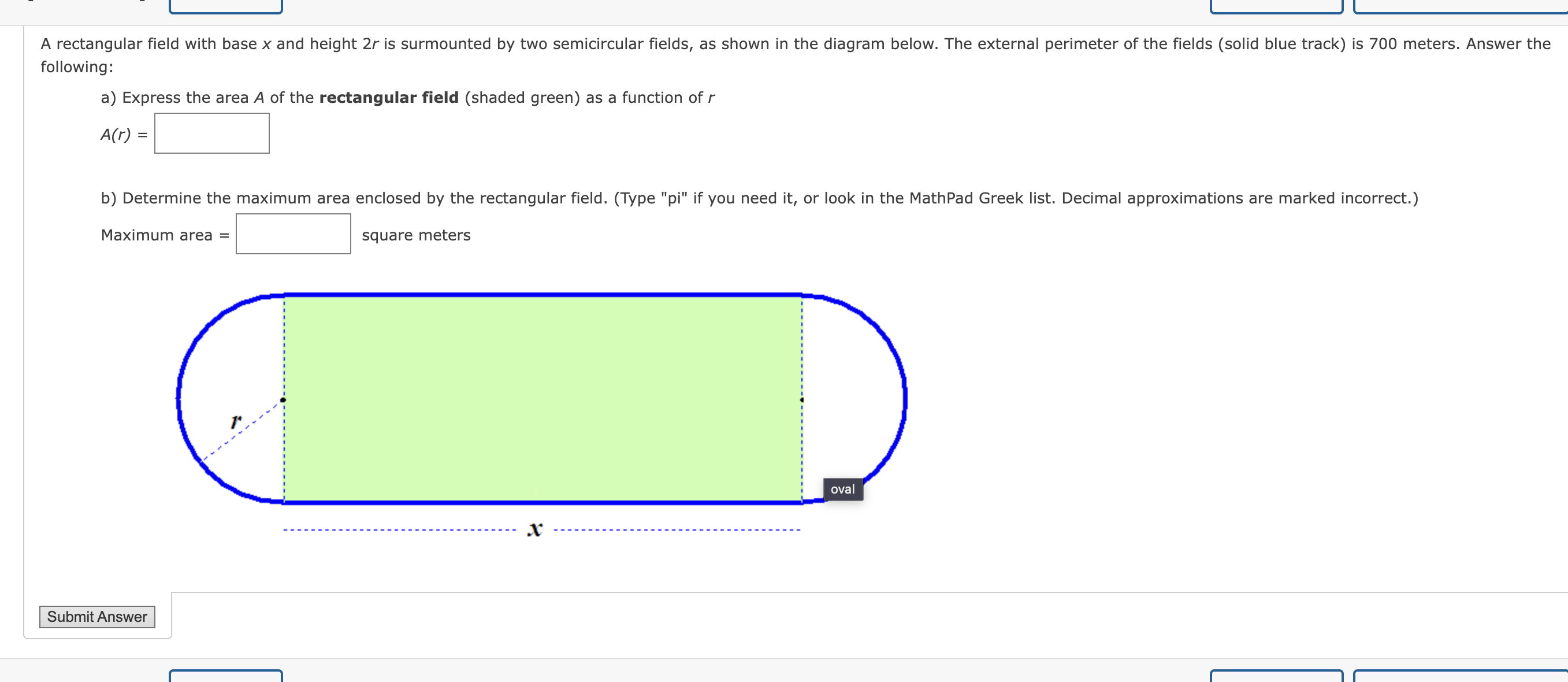 Solved following: a) Express the area A of the rectangular | Chegg.com Solved following: a) Express the area A of the rectangular | Chegg.com