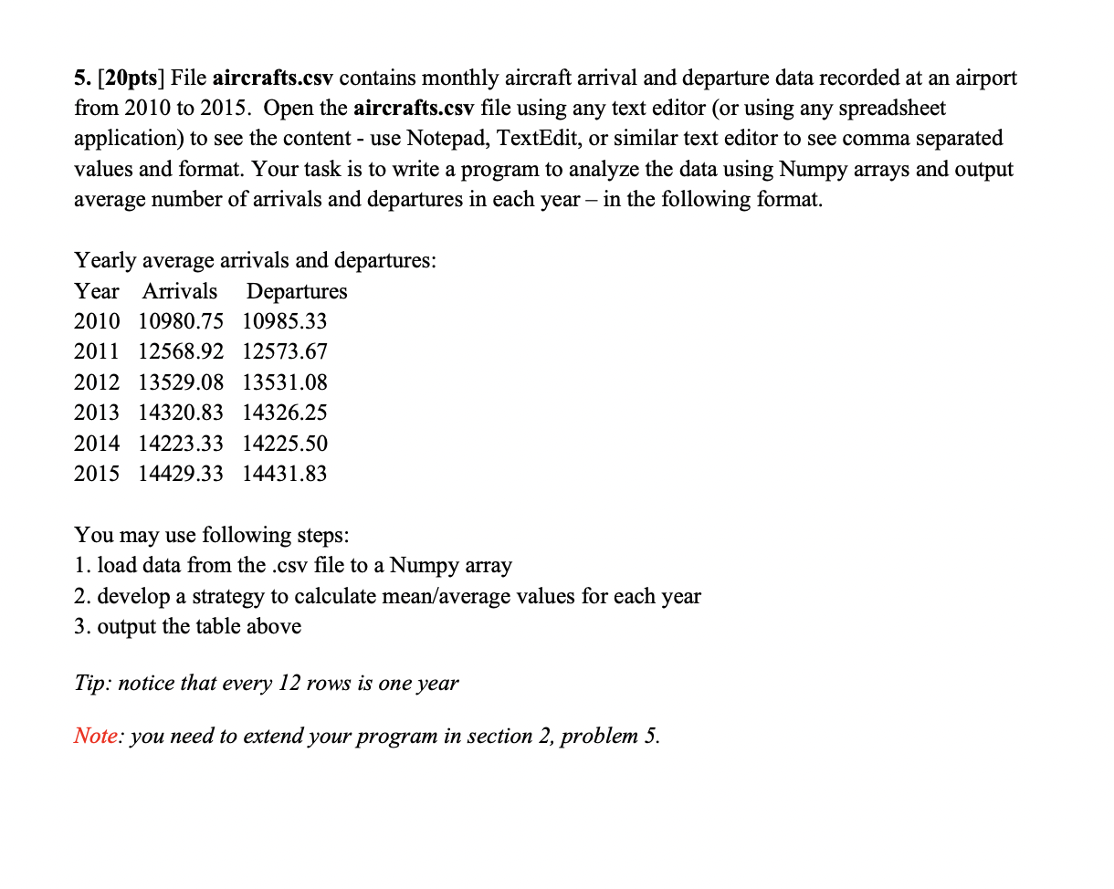 Solved 5. [20pts] File aircrafts.csv contains monthly | Chegg.com