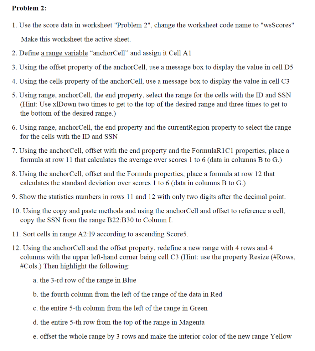Solved Problem 2:Use the score data in worksheet "Problem | Chegg.com