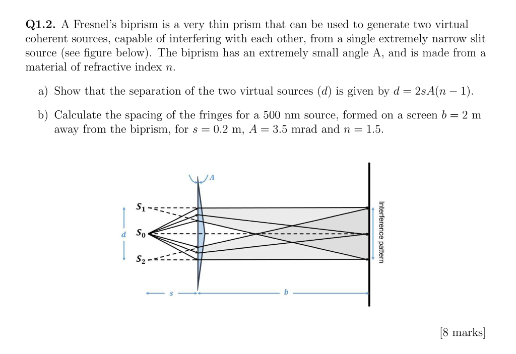 Solved Q1.2. A Fresnel's biprism is a very thin prism that | Chegg.com