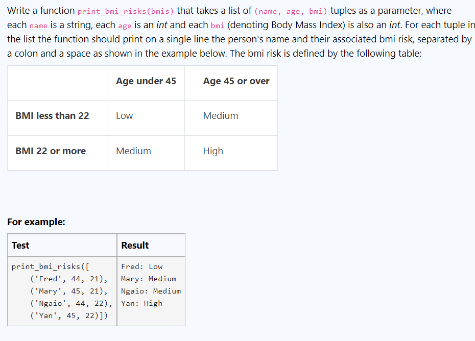 Solved Write a function print_bmi_risks(bmis) that takes a | Chegg.com