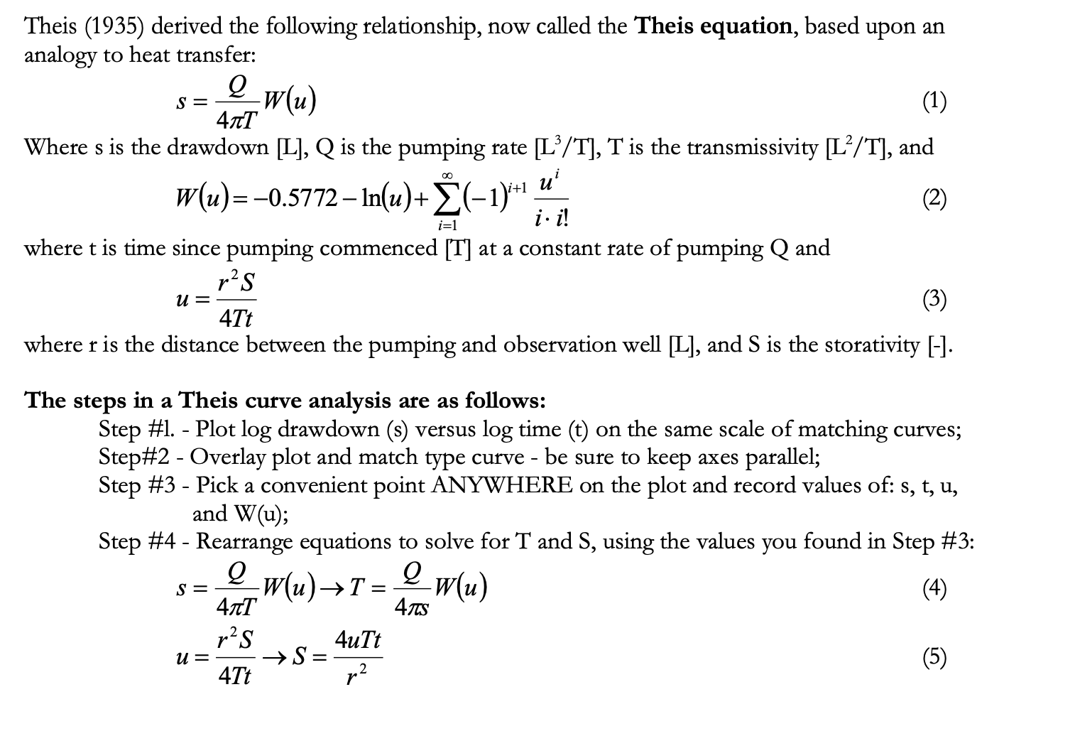 Solved Theis (1935) derived the following relationship, now | Chegg.com