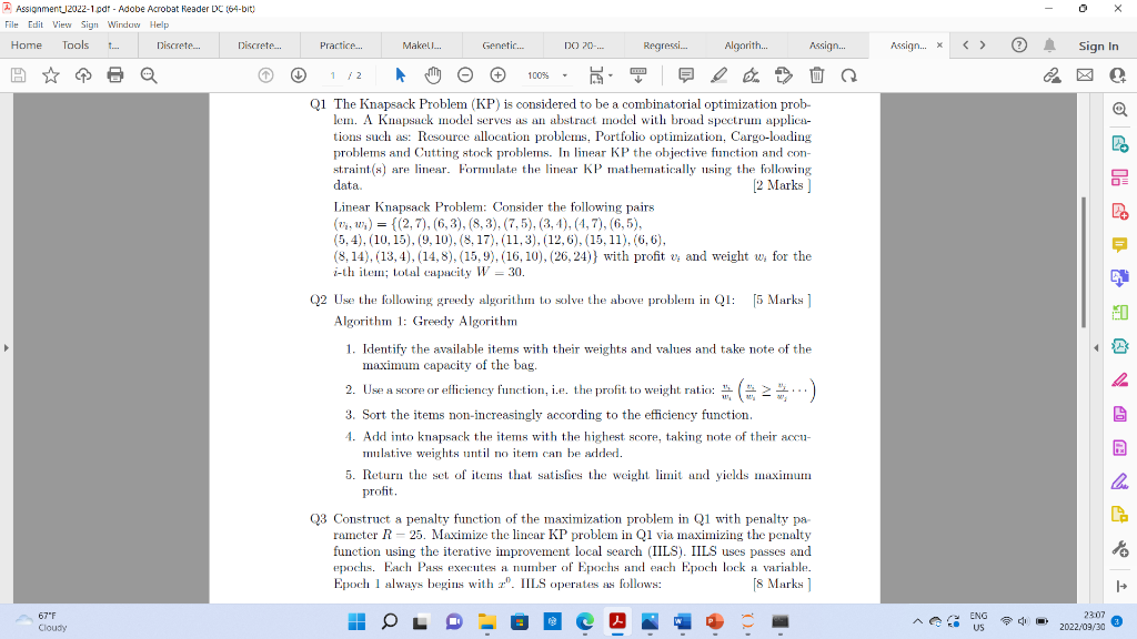 Solved (2) AssiqnmentJ2022-1.0di - Adobe Acrobat feader DC | Chegg.com