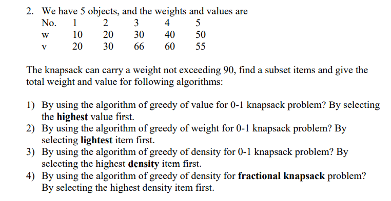 Solved 2. We have 5 objects, and the weights and values are | Chegg.com