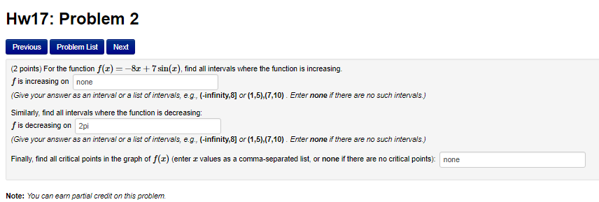 Solved Previous Problem ListNext 2 points) For the function | Chegg.com