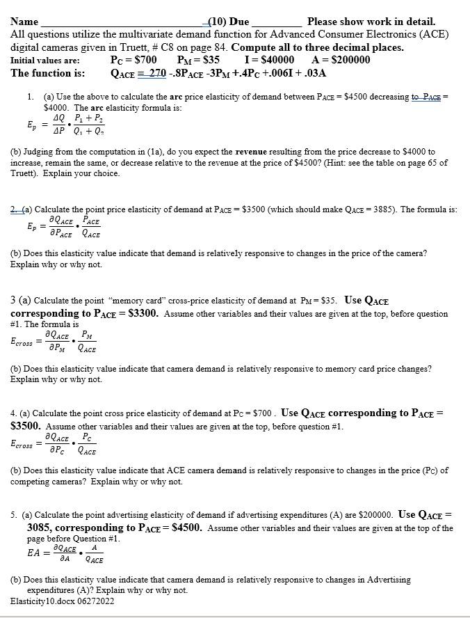 Solved Name All questions utilize the multivariate demand | Chegg.com
