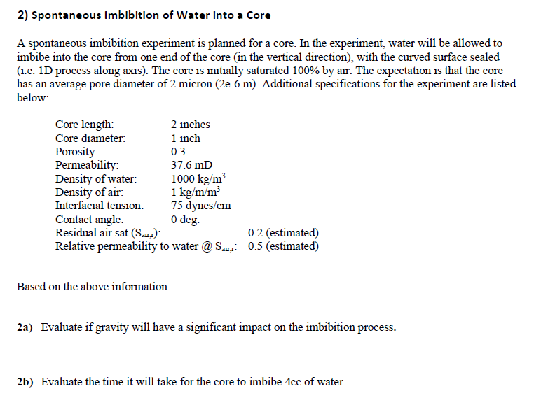 2) Spontaneous Imbibition of Water into a Core A | Chegg.com