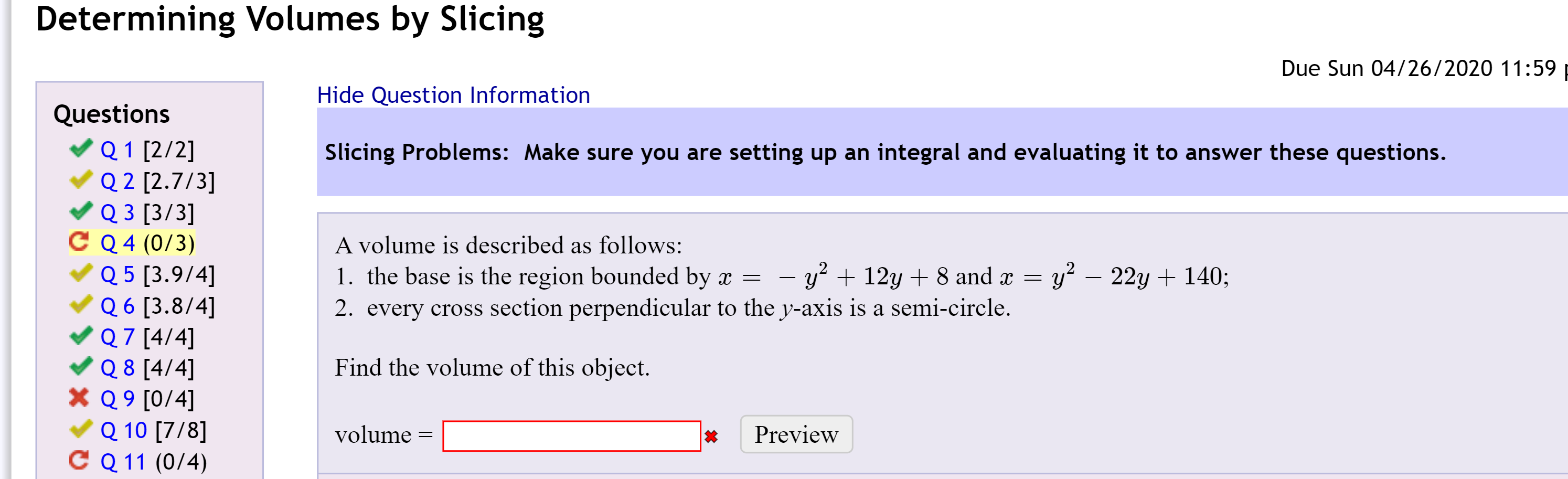 Solved Determining Volumes by Slicing Due Sun 04/26/2020 | Chegg.com