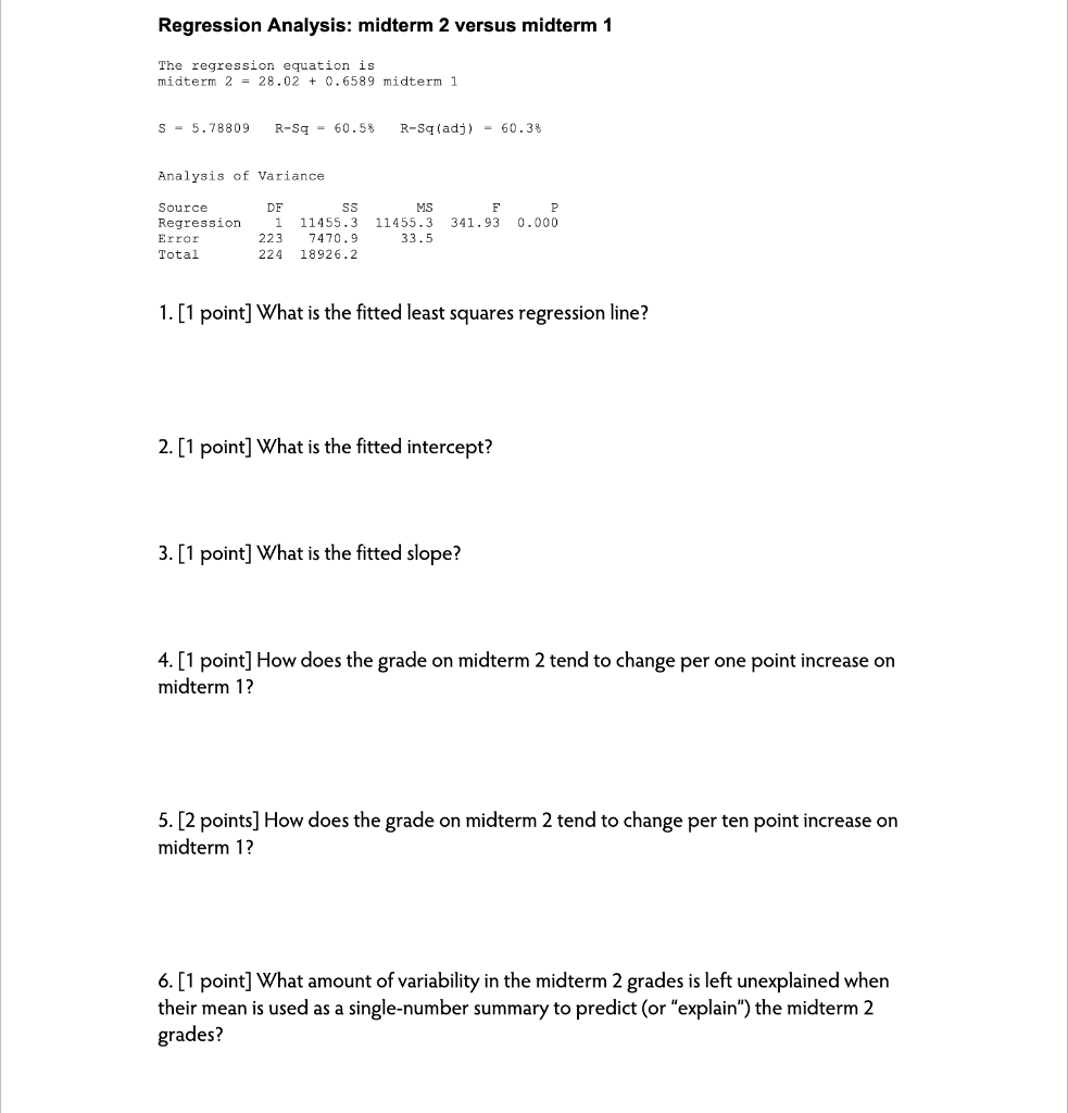 Solved Regression Analysis: midterm 2 versus midterm 1 The | Chegg.com