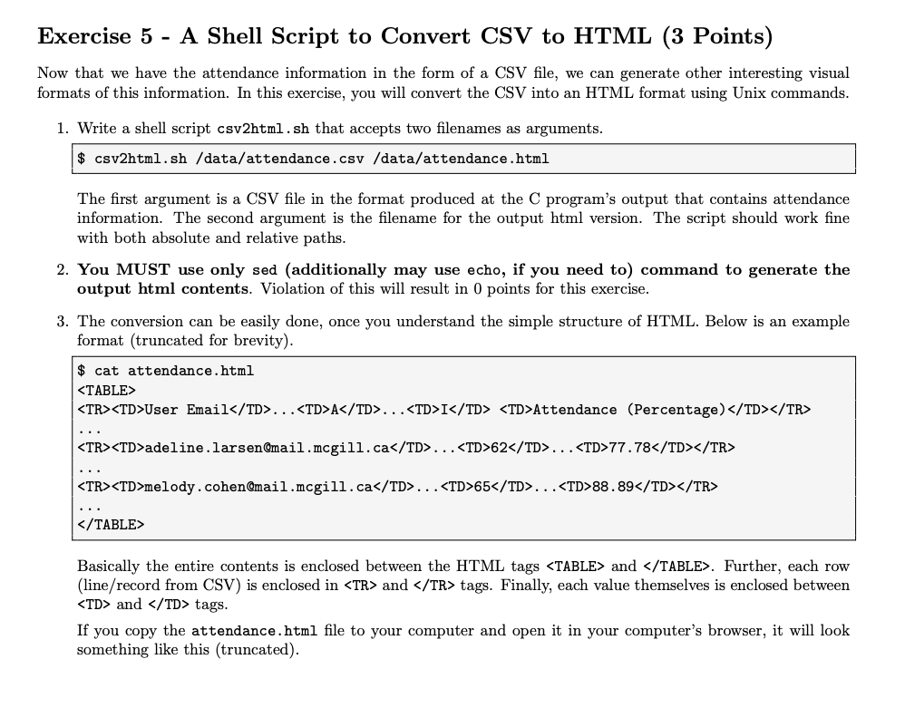 Solved Exercise 5 - A Shell Script to Convert CSV to HTML (3 | Chegg.com
