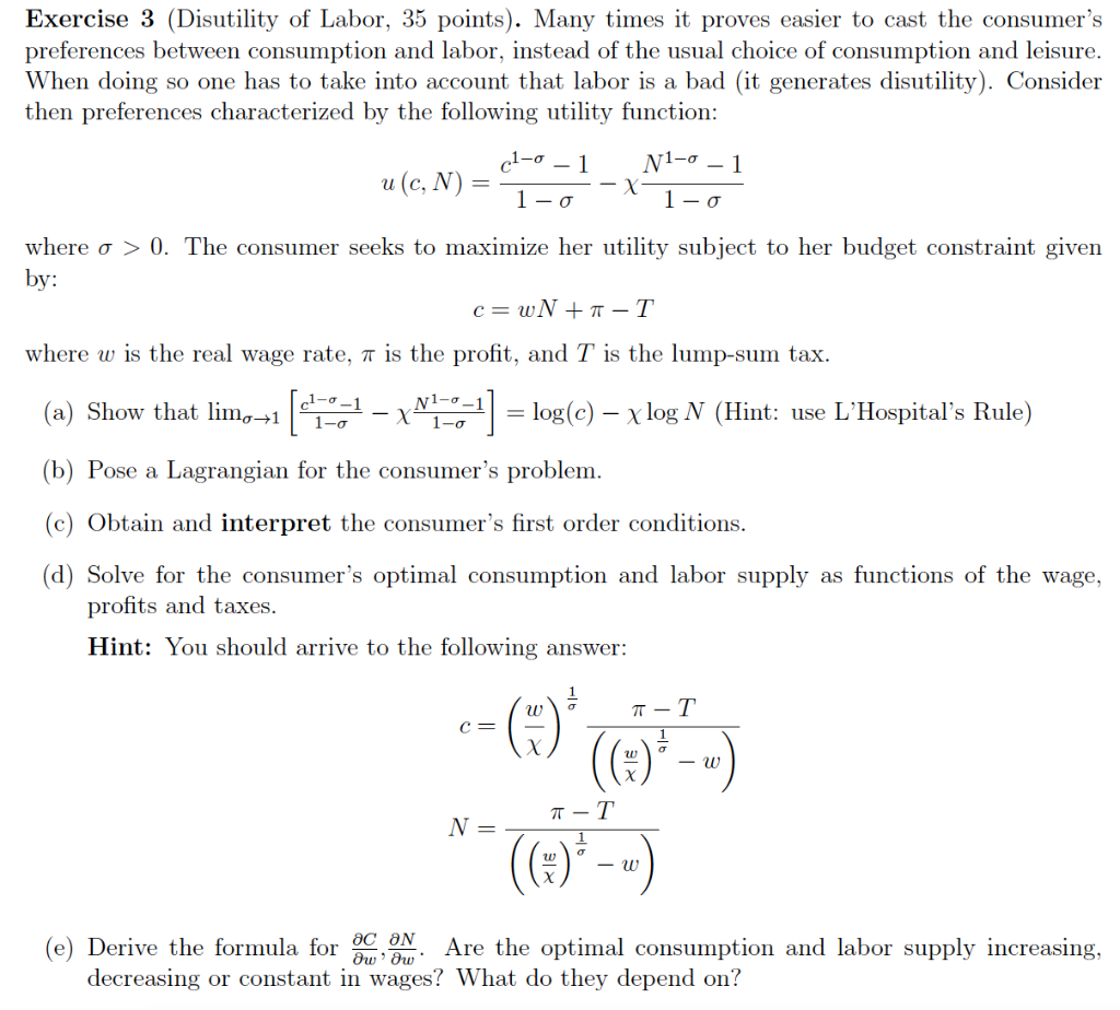 Exercise 3 (Disutility of Labor, 35 points). Many | Chegg.com