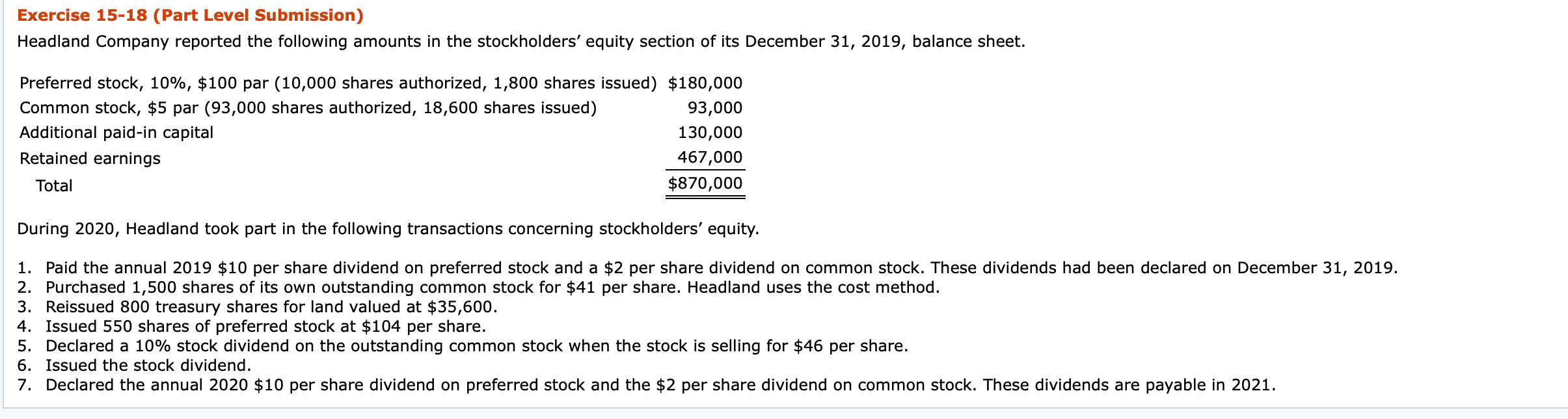 Solved Exercise 15-18 (Part Level Submission) Headland | Chegg.com
