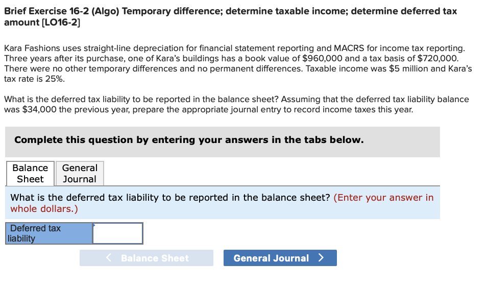 Solved Brief Exercise 16-2 (Algo) Temporary difference; | Chegg.com