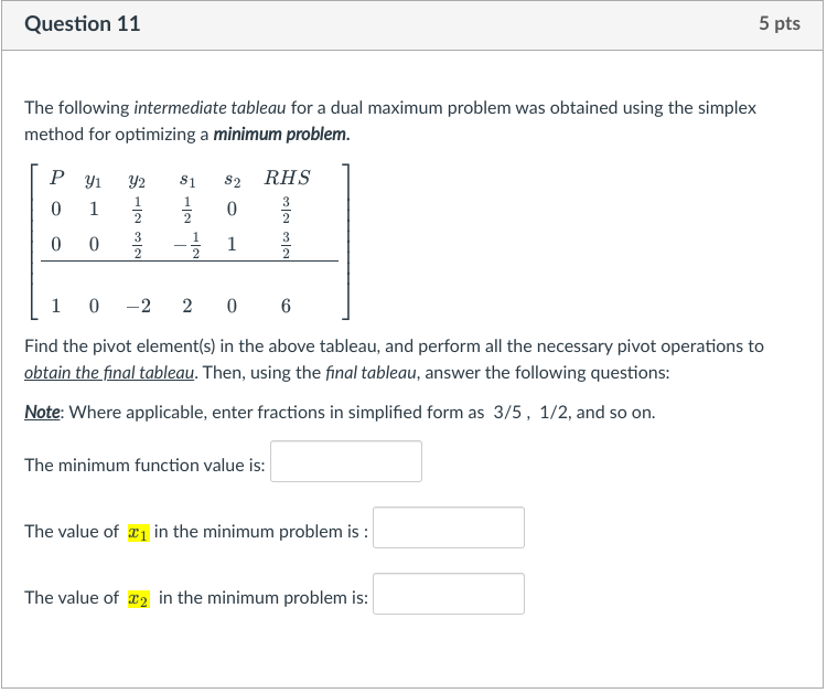 Solved Question 11 5 pts The following intermediate tableau | Chegg.com