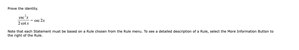 Solved Prove the identity. csc?x 2 cotx = csc 2x Note that | Chegg.com