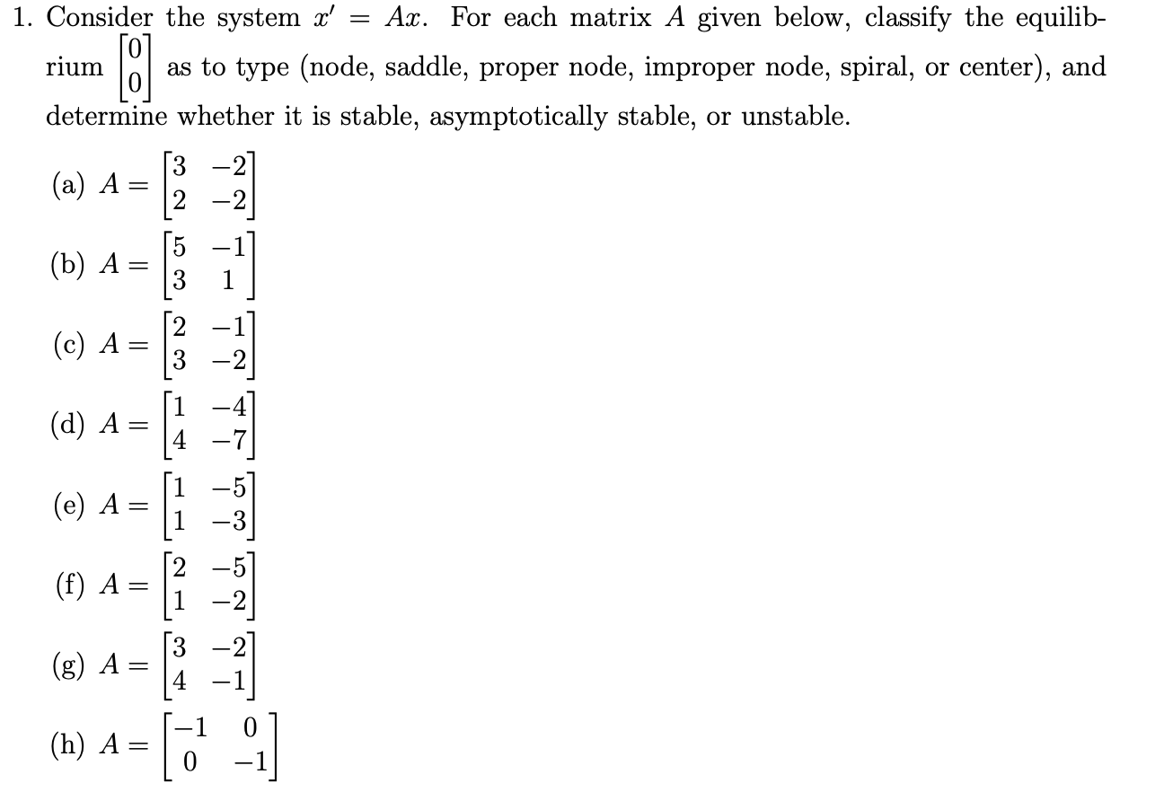 Solved Consider the system x' = Ax. For each matrix A given | Chegg.com
