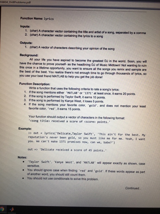 Solved HW04 Dril Problems.pdf Function Name: lyrics Inputs: | Chegg.com