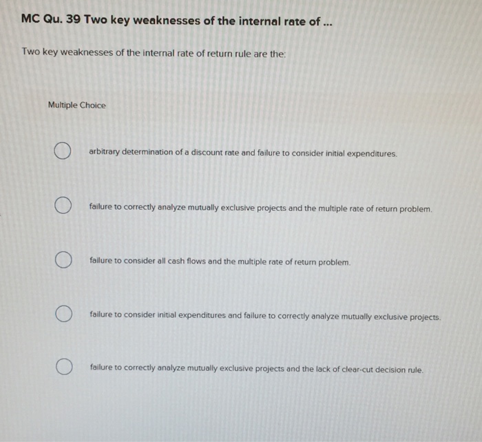 Solved MC Qu. 39 Two key weaknesses of the internal rate of | Chegg.com