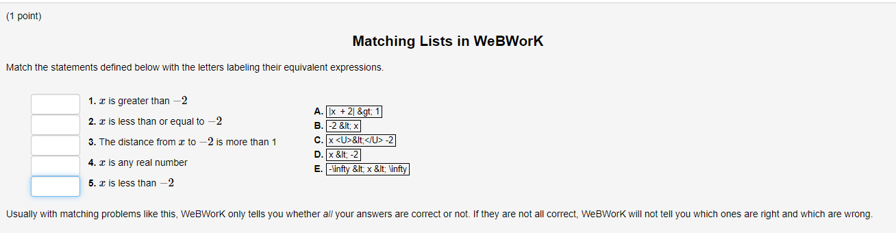 Solved (1 point) Matching Lists in WebWork Match the | Chegg.com