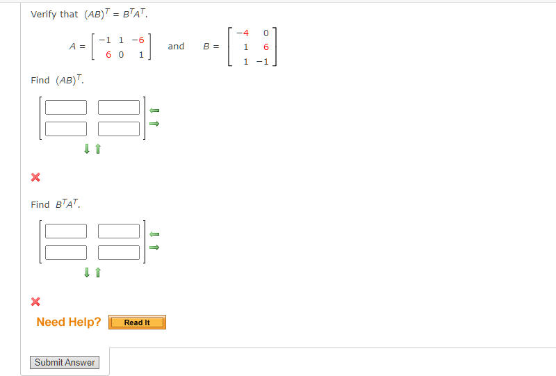 Solved Verify That Ab T Btat A [−1610−61] And
