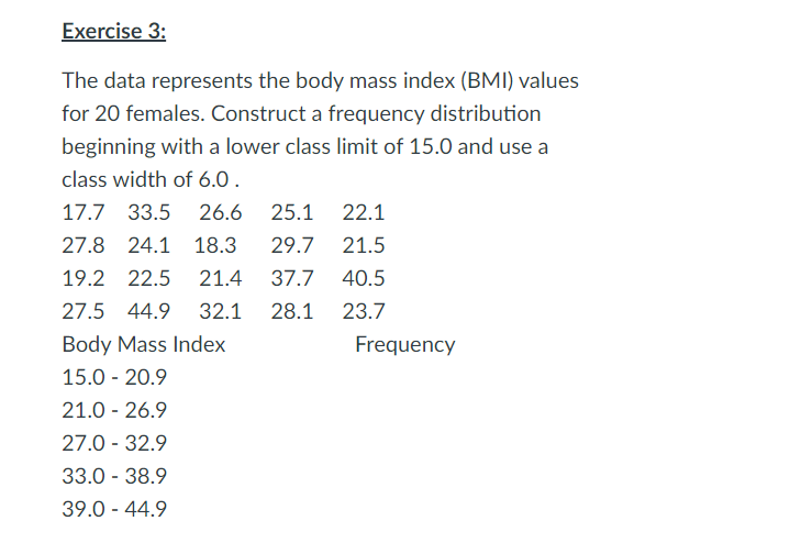 Solved Exercise 3: The data represents the body mass index | Chegg.com