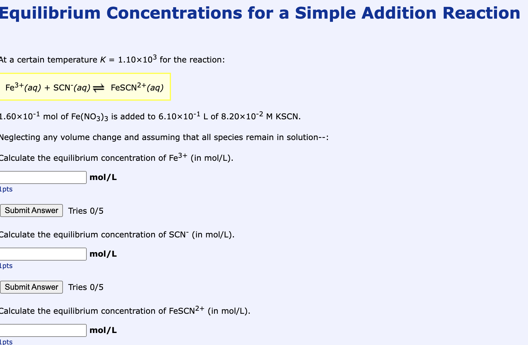 Solved Equilibrium Concentrations for a Simple Addition | Chegg.com