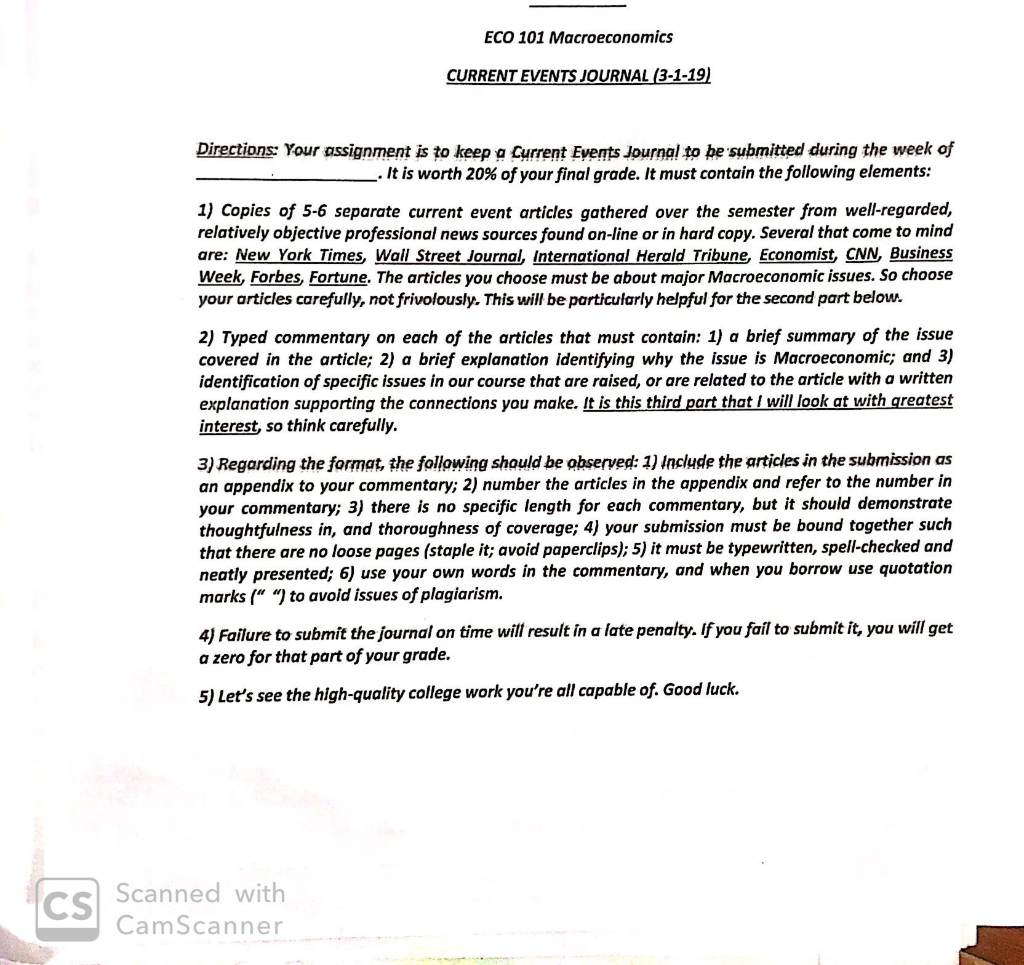 ECO 101 Macroeconomics CURRENT EVENTS JOURNAL | Chegg.com