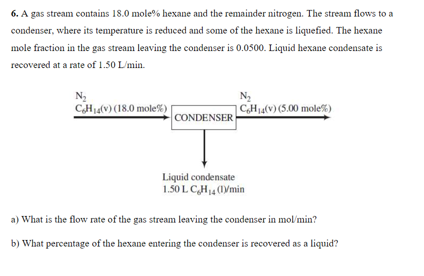 Solved 6. A gas stream contains 18.0 mole% hexane and the | Chegg.com