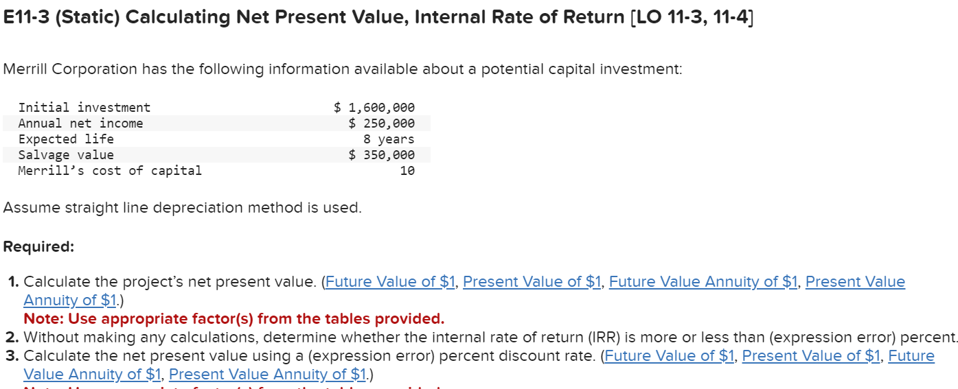 E11-3 (Static) ﻿Calculating Net Present Value, | Chegg.com