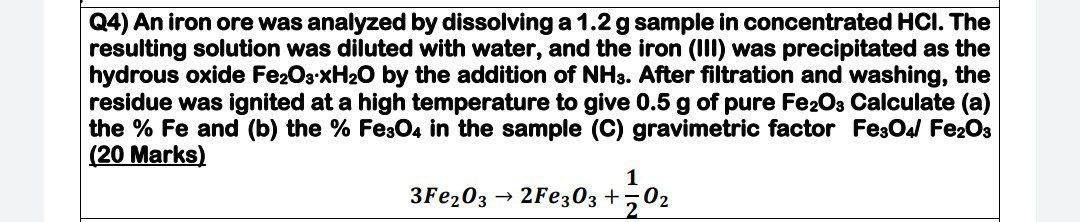 Solved Q4 An Iron Ore Was Analyzed By Dissolving A 1 2 G