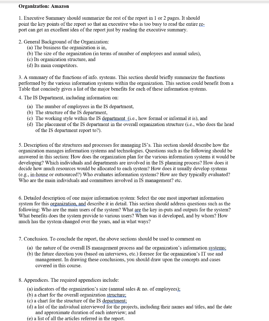 Organization: Amazon 1. Executive Summary should | Chegg.com