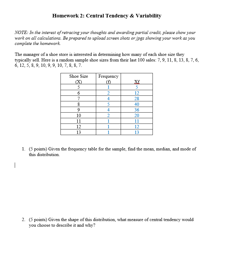 Solved Homework 2: Central Tendency & Variability NOTE: In | Chegg.com