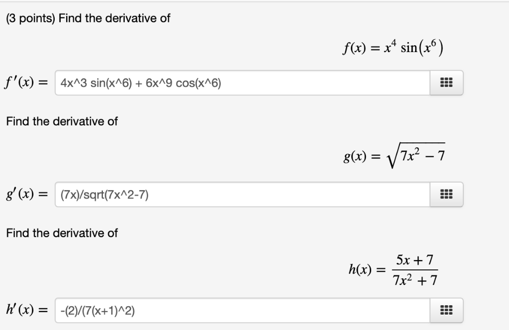 Solved (3 points) Find the derivative of f)xsin(x = X f'(x) | Chegg.com