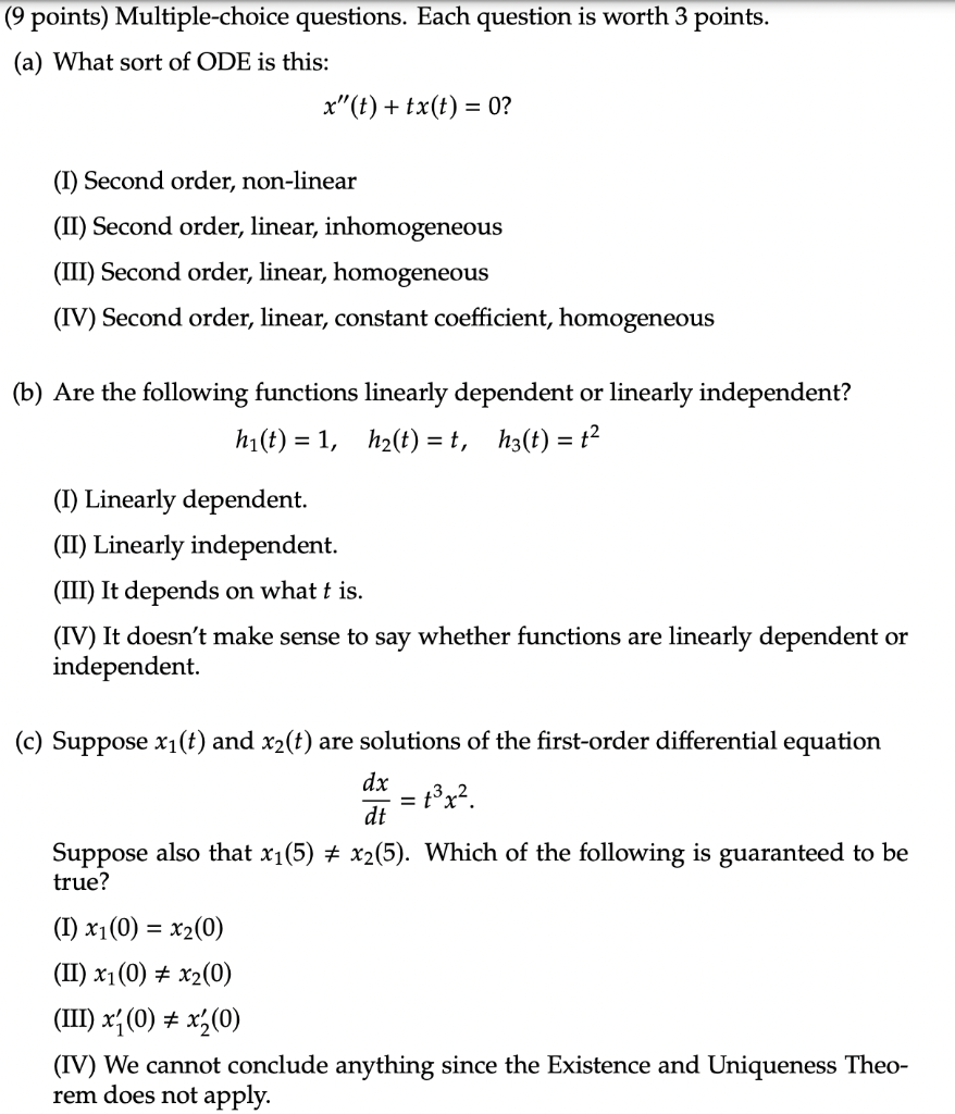 Solved ( 9 points) Multiple-choice questions. Each question | Chegg.com