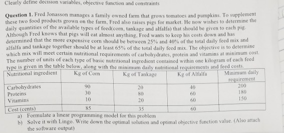 Clearly detine decision variables, objective function | Chegg.com