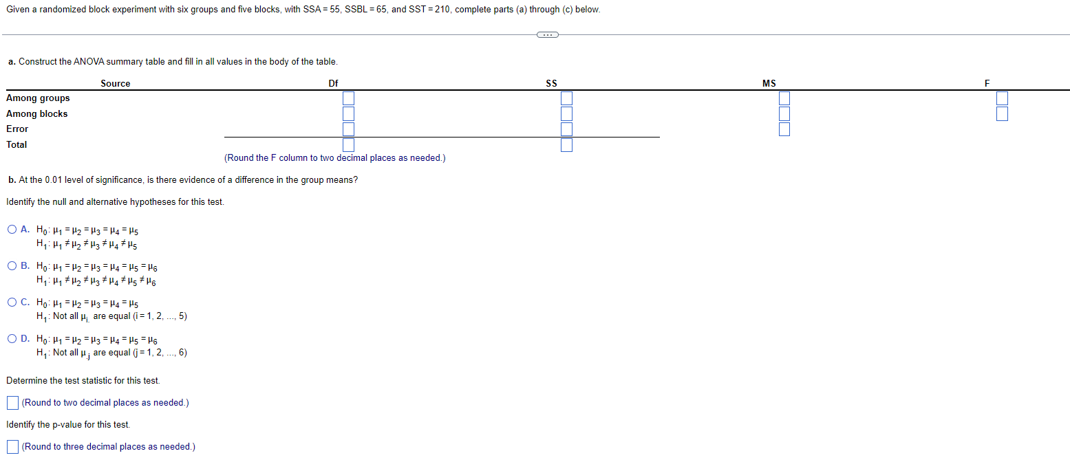 Solved Given a randomized block experiment with six groups | Chegg.com