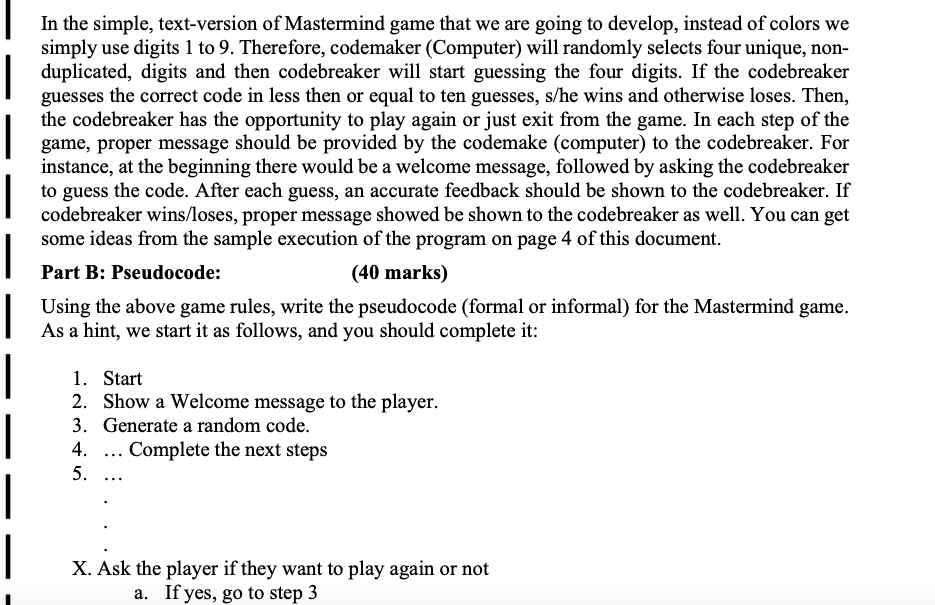 Solved Part Write Pseudocode Game Mastermind Part B Draw Flowchart Pseudocode Wrote Part C C