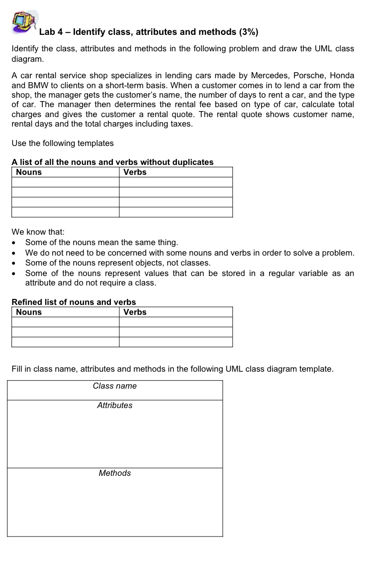 Solved Lab 4 - Identify class, attributes and methods (3\%) | Chegg.com
