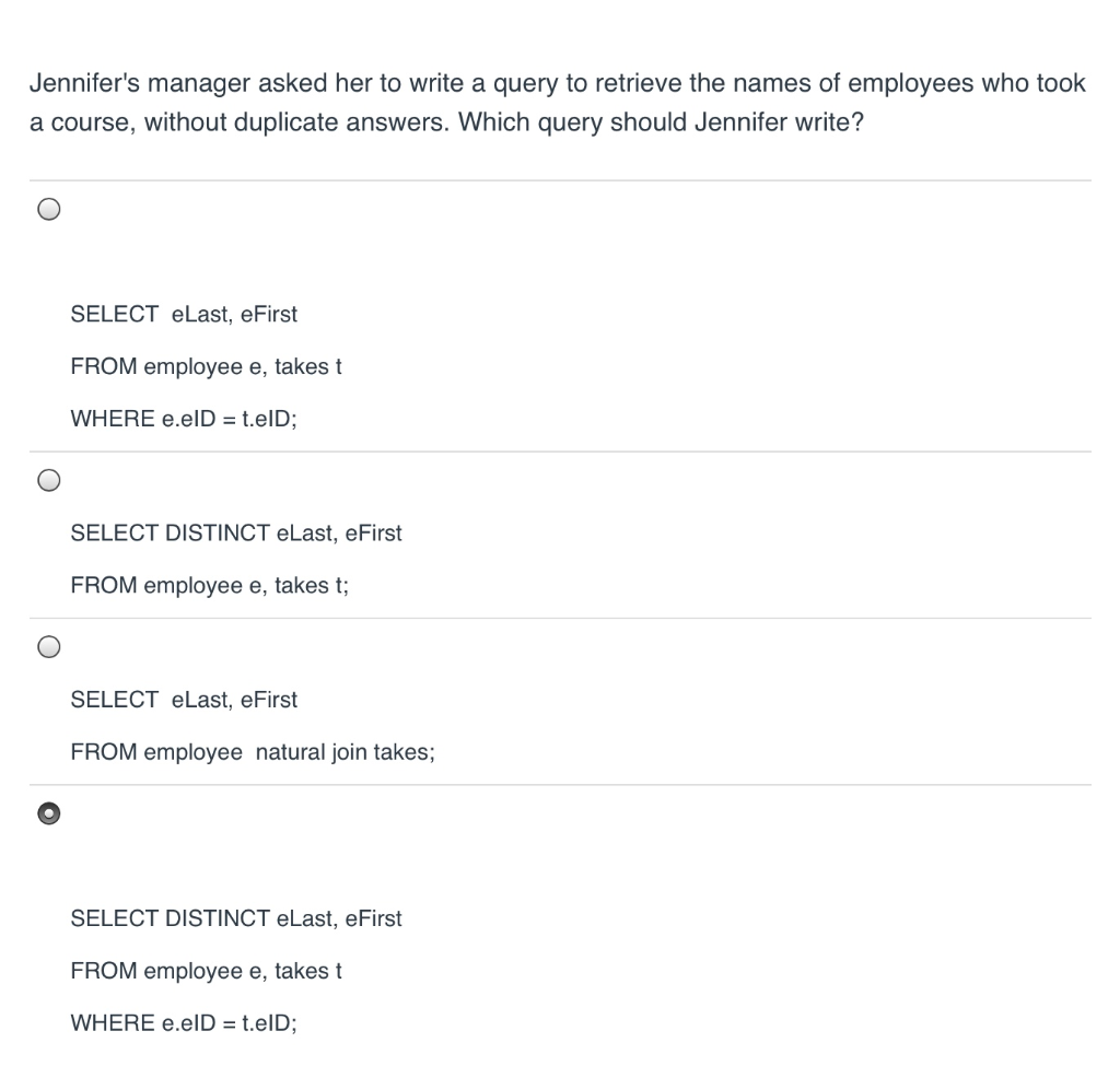 Solved employee (eld, eLast, eFirst, eTitle, e Salary) | Chegg.com