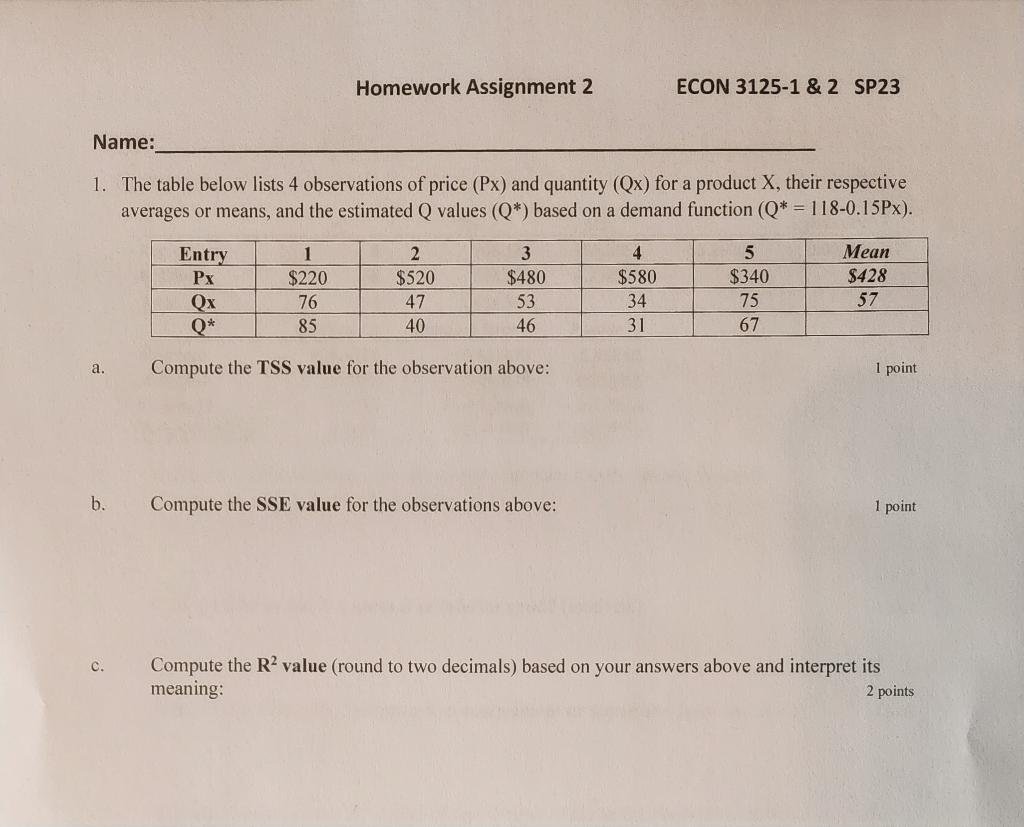 Solved 1. The table below lists 4 observations of price (Px) | Chegg.com